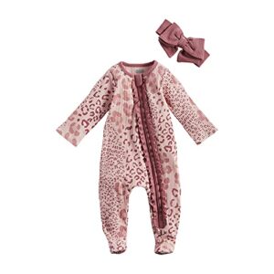 mud pie baby girls mauve leopard sleeper and headband, leopard, 3-6 months us