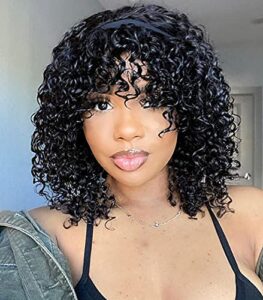 12" short curly human hair wig with bangs curly bob wigs for black women brazilian human virgin hair short black bob wig with bangs human hair water wave wigs glueless none lace wig natural color