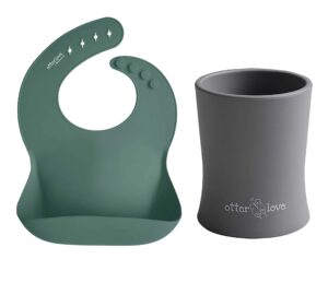 otterlove natural grip silicone cup (smoke) + waterproof silicone bib (island sea) bundle