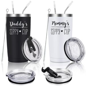 daddy’s and mommy’s sippy cup travel tumbler set, father’s day christmas gifts for new parents dad mom papa mama anniversary, insulated stainless steel travel tumbler with straw(20oz, black and white)