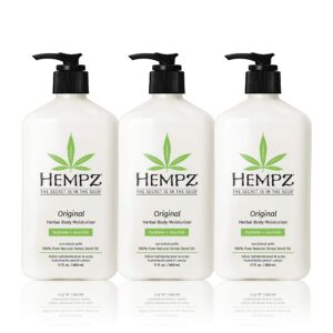 hempz original, natural hemp seed oil body moisturizer with shea butter and ginseng, 17 fl oz, 3 pack bundle - pure herbal skin lotion for dryness - nourishing vegan body cream in floral and banana