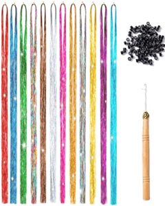 sedfzo 47 inch tinsel hair extensions glitter kit - 12 mixed colors 2400 strands sparkling shiny hair tinsel with tools for ball party,halloween christmas new year halloween cosplay party