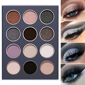 smokey grey eyeshadow palette, de’lanci professional black silver gray goth neutral matte shimmer 12 shades, subtle eyes shadows makeup pallet, high pigmented waterproof small and cute makeup pallete