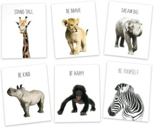 funny party pieces set of 6 safari animal prints - nursery bedroom decor for children baby, nursery wall art - jungle safari decor - cute prints with inspiring messages