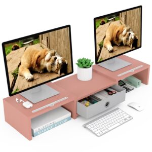 westree dual 3 shelf computer riser with drawer, adjustable length and angle, desktop 2 monitor stand storage organizer