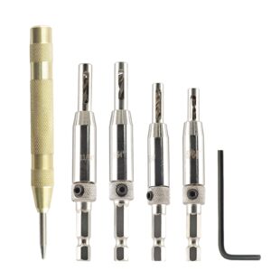 lanzeuta 6pcs self centering drill bit set with automatic center punch & hex key, 1/4-inch hex shank hinge center drill bit core hole puncher for woodworking, 5/64", 7/64", 9/64", 11/64"