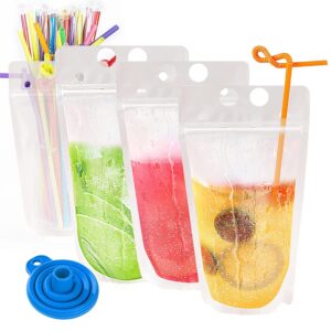 30pcs drink pouches with individual package straws translucent frosted reclosable zipper juice pouches smoothie pouches for cold & hot drinks- 10 ice cube bags& silicone funnel included