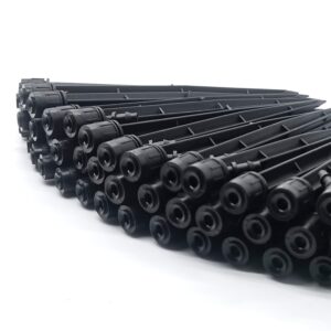 pheila 50 pcs drip emitters with stake water flow adjustable for 1/4 inch irrigation tube hose, 360 degree sprayer irrigation drippers watering stake for garden patio lawn flower bed - black