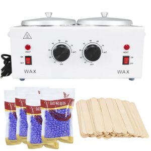 double wax warmer kit, professional dual waxing pot with 4 pack wax beans 100pc wooden sticks,110v electric heater machine for hair removal home/salon/spa adjustable temperature