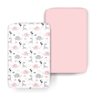 pack n play playard sheets jeroray for girls and boys,2 pack stretchy ultra soft jersey knit portable mini cribs playards sheets, pink elephant