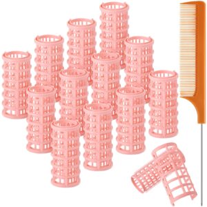 syhood 12 pieces snap hair roller, large size plastic hair rollers curlers with rat tail comb for hairdressing styling tools(6.8 x 3 cm,peach color)