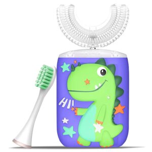 kids electric toothbrushes dinosaur u shaped rechargeable ultrasonic automatic toothbrush for toddler with replacement brush heads 6 cleaning modes ipx7 waterproof 360° oral care 45s timer (age 2-7)