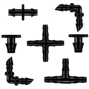 hoinco 300pcs barbed connectors irrigation fittings kit, drip irrigation barbed connectors for 1/4 inch tube, for flower pot garden lawn (elbows, end plug, straight barbs, tees, 4-way coupling)