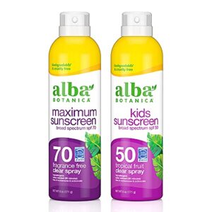 fragrance free 70 spf maximum & tropical fruit kids 50 spf sunscreen aerosol clear spray can (pack of 2)