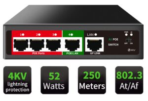 steamemo 5 port ai poe switch (4 poe ports +1 uplink), 802.3af/at poe 100mbps, 52w built-in power, extend to 250meter, unmanaged metal plug and play