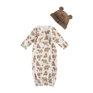 mud pie baby boys' bear gown and hat set, brown, 0-3 months