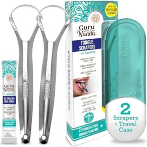 gurunanda tongue scraper for adults (2 pack) with travel case, 420 medical-grade 100% stainless steel tongue cleaner, aids in fresh breath & oral care