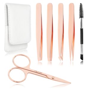 precision eyebrow tweezers set pack of 6 for women ingrown facial hair removal pointed rose gold tweezers scissors brush kit for splinter with leather case gift