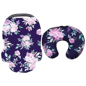 nursing pillow cover & carseat cover set, purple floral breastfeeding pillow slipcover & car seat canopies for baby boys & girls, nursing pillow case & stroller covers for newborn, soft fabri