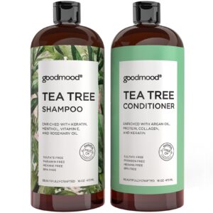 goodmood tea tree shampoo and conditioner set, mint shampoo enriched with protein, collagen & silk, treatment for men and women with dht blockers, sulfate & paraben free 2x16oz