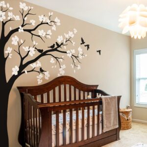 large corner tree wall decal with big blossoms, birds and leaves nursery wall art sticker mural 087 (leaning right, black, white)