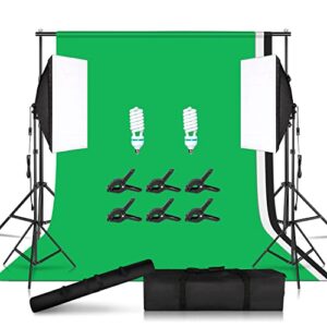 walk fly 7x10ft muslin backdrop screen kit, photography continuous lighting and collapsible backdrop stand set, background support system with 20" x 27" softbox light for photo video studio shooting