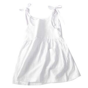 toddler baby girl summer cotton linen white dresses bow straps sleeveless with pockets little girls beach sundress (white, 3-4t)