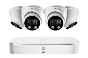 lorex technology lorex n4k2sd-84wd 4k smart deterrence surveillance system featuring n842a82 2tb 4k fusion nvr and 4 e892dd 4k two-way audio smart motion detection dome cameras