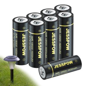 jesspow 18500 battery, imr 18500 rechargeable li-ion battery 1600mah 3.7v for flashlight, solar garden light and more, 18500 rechargeable solar batteries with button top (8 pack)