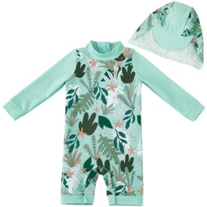 baby girls swimsuit upf 50+ sun protection one piece bathing suits with hat (green tropical plants, 3-6 months)