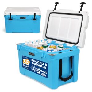 serenelife ultra-tough 35-quart rotomolded cooler box, holds upto 63 cans, keeps ice up to 5 days, heavy-duty insulated portable ice chest box, ideal for camping, beach, and outdoor adventures