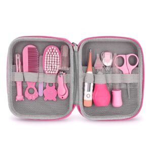 baby grooming kit, portable baby safety care set with hair brush comb nail clipper nasal aspirator etc for nursery newborn toddlers infant girl boys keep clean (pink)