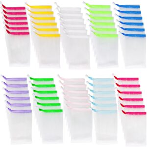 trounistro 60 pack exfoliating mesh soap bag double layer thicken soap bag mesh soap saver bags with drawstring for bath & shower use, 10 colors