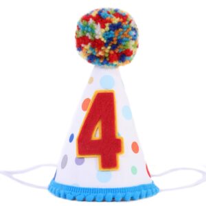 wahawu baby 4th birthday party handmade hat, primary colors confetti cone mini hat with multicolored fur balls, stretchable band, fits baby girls/boys, 3.5*3.1 inches, costume headwear