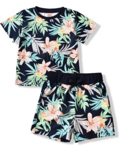 aalizzwell toddler little boys girls summer outfits hawaiian floral t-shirt shorts set beach clothes (black, 3t)