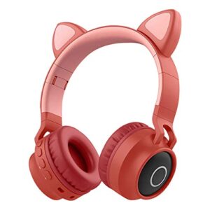 luckyu kids bluetooth 5.0 cat ear headphones foldable on-ear stereo wireless headset with mic led light and volume control support fm radiotf cardaux in compatible with smartphones pc tablet (red)