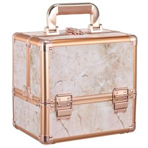 costravio makeup train case rose gold cosmetic box with mirror & brush holder home or travel organizer for make-up and jewelry storage box with 3-tier tackle trays portable lockable golden marble