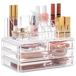 hblife acrylic clear dustproof makeup storage organizer drawers large skin care cosmetic display cases for bathroom stackable storage box with 4 drawers for vanity (clear)