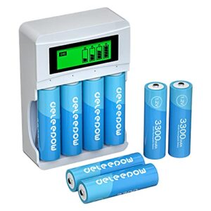 deleepow rechargeable aa batteries 3300mah 1.2v aa nimh rechargeable batteries 8-pack with usb lcd charger