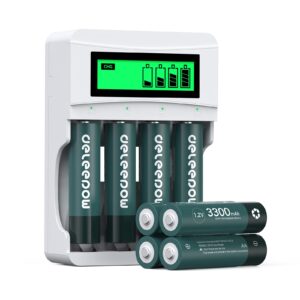 deleepow rechargeable aa batteries high capacity 3300mah nimh aa batteries 1.2v pre-charged double a battery with lcd display charger, pack of 8