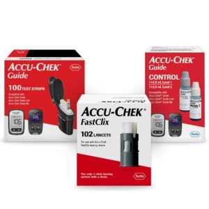 accu-chek fastclix diabetes blood sugar test kit for diabetic glucose monitoring: 102 fastclix lancets, 100 guide test strips, and control solution (packaging may vary)