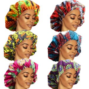 6 packs double layer satin bonnet for women silk african print sleep cap head scarf large head wrap soft night sleeping hat adjustable for long curly natural hair braids