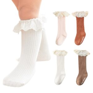 houseyuan infant frilly baby girls knee high socks white newborn thigh lace ruffle long socks toddler tights stockings 4 pairs 0-12 months