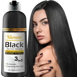 kilomets black hair dye shampoo 400ml- 100% grey coverage in minutes- ammonia free hair color shampoo cover gray silver hair- instant darkening coloring at home- gift for mom dad