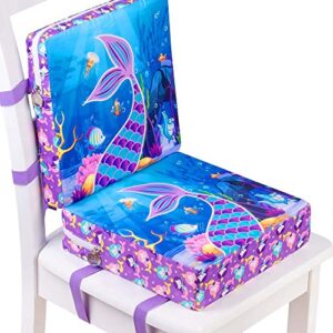 2pcs toddler booster seat for dining table, chair increasing cushion for baby kids, washable thick chair seat pad mat strap, portable dismountable adjustable highchair booster - mermaid