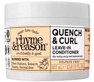 rhyme & reason quench and curl leave-in conditioner. 10.8 fl oz. for curly, coily, and textured hair. blended with shea butter, desert peach ceramides. vegan, sulfate and cruelty free.