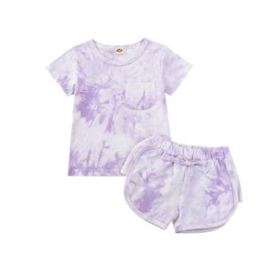 aruzig toddler baby girl tie dye outfit kids short sleevet-shirt and shorts 2pcs summer clothes set for girls (purple white, 2-3t)