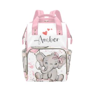 anneunique cute elephant pink flowers diaper bags backpack with name personalized baby bag nursing nappy bag travel tote bag gifts for mom girl, 10.83 x 6.69 x 15 inch