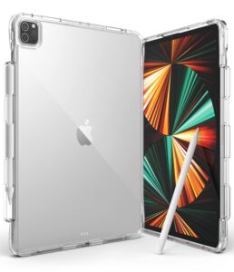 ringke fusion plus [case + pencil holder] compatible with ipad pro 12.9 case (6th generation 2022, 5th generation 2021) transparent hard back shockproof double air pocket bumper - clear