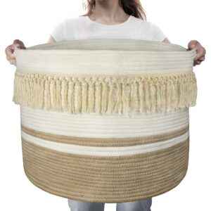 aels xxxlarge 22"22"x15" rope boho decor basket woven bathroom basket for blankets storage basket bathroom with handle comforter cushions storage bins thread laundry hamper-brown and white